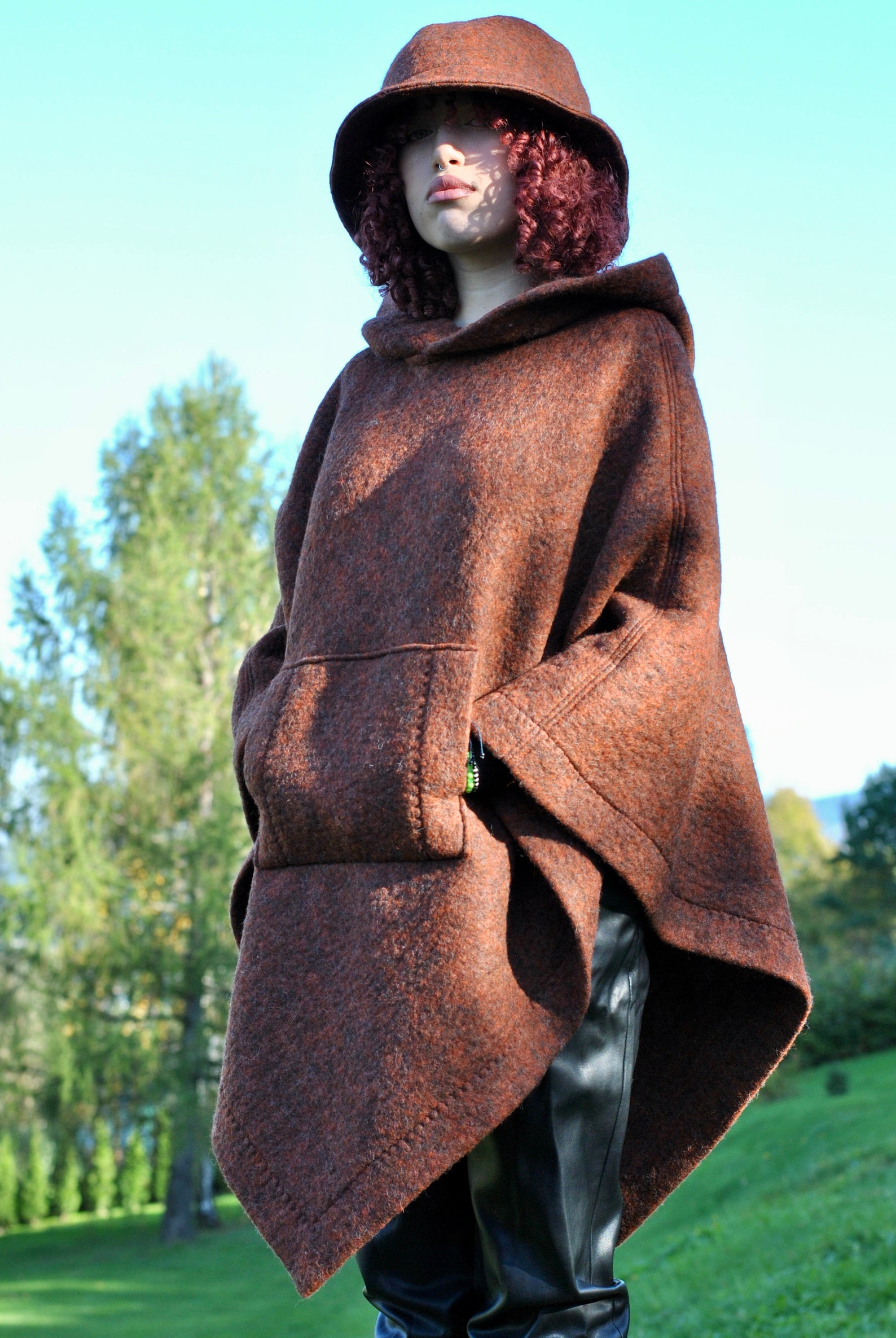 Tobacco Wool Poncho With Hood and Pocket, Boiled Wool Cape, Loose ...