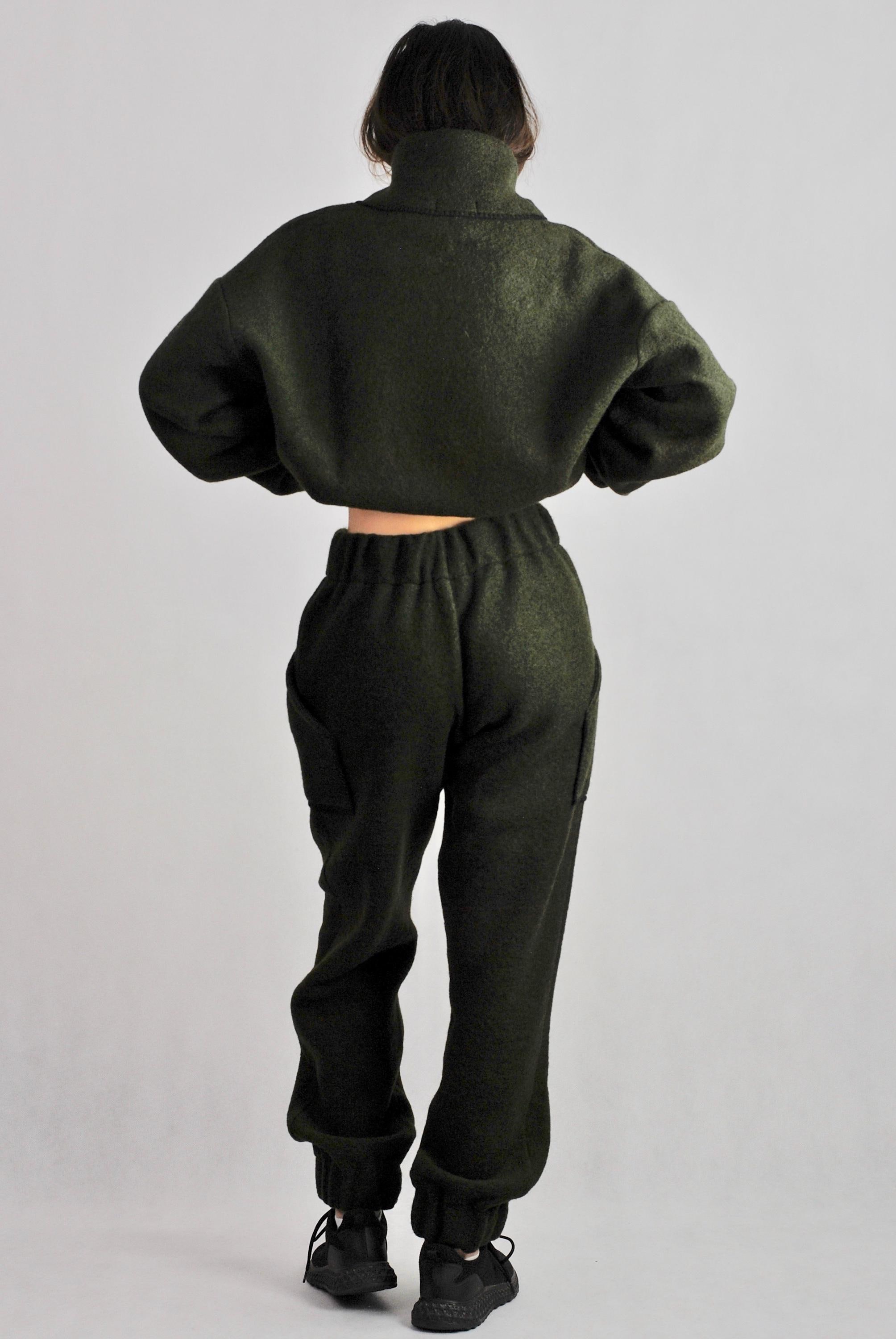 Warm Winter Khaki Green Boiled Wool Track Suit Pants, Wool Trousers ...