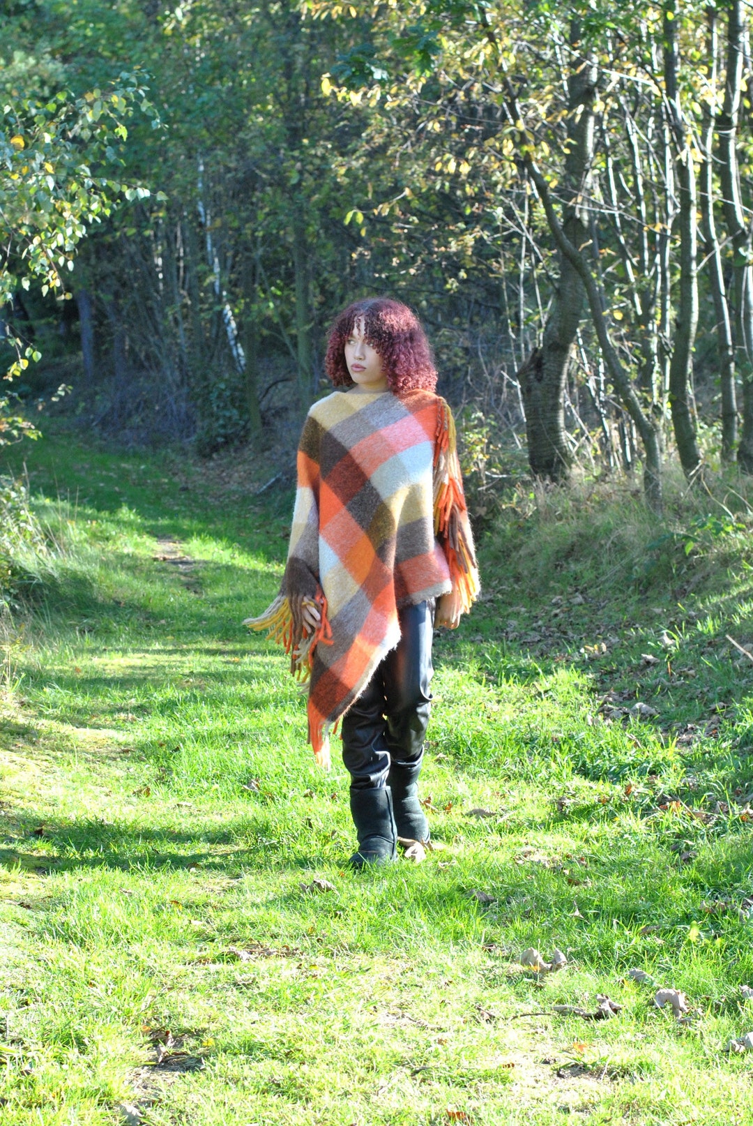 Soft Wool Poncho, Checkered Wool Cape, Loose Fitting Rusty Orange ...