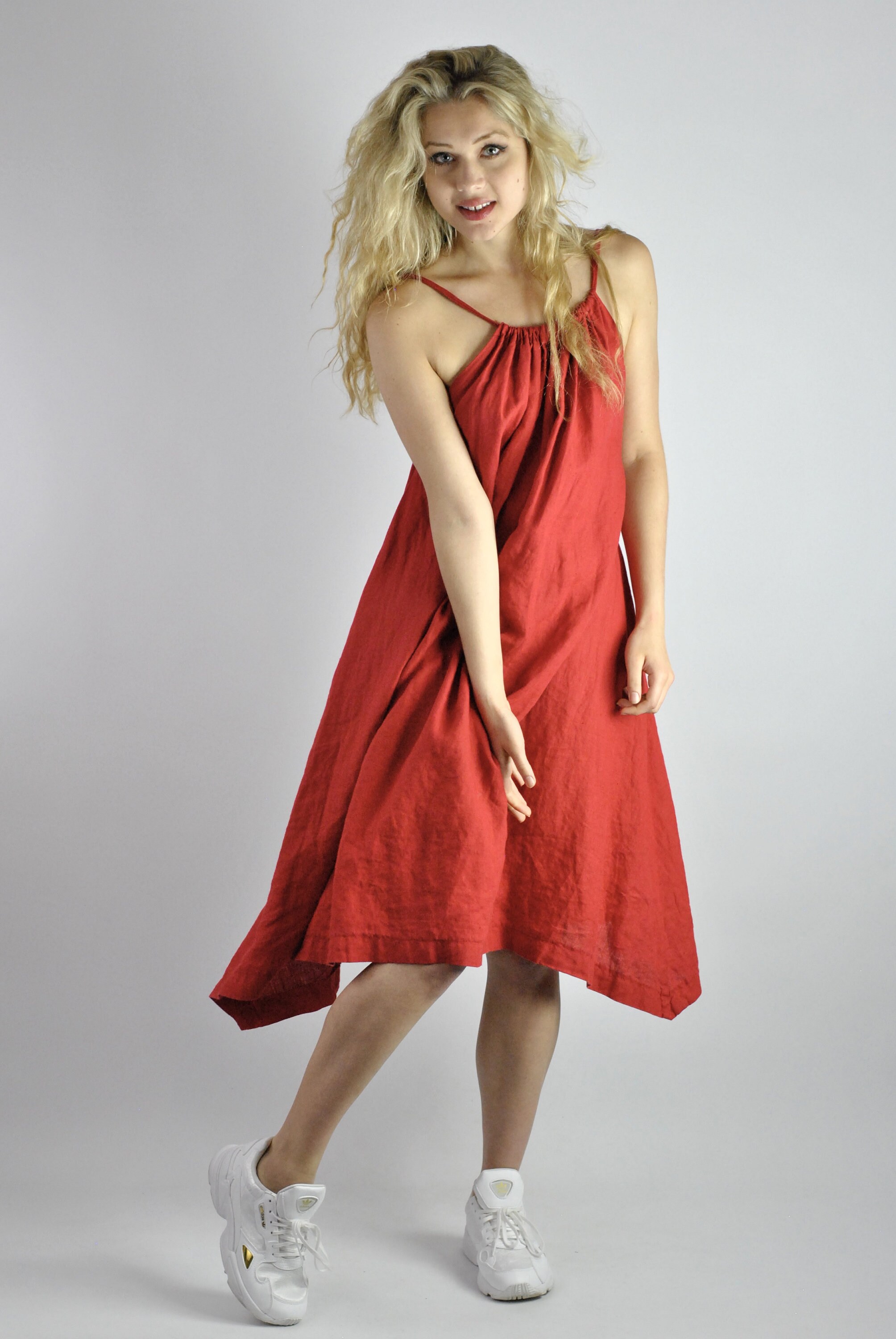 Pure Linen Red Dress Dress on Straps With Ties Beach Summer - Etsy