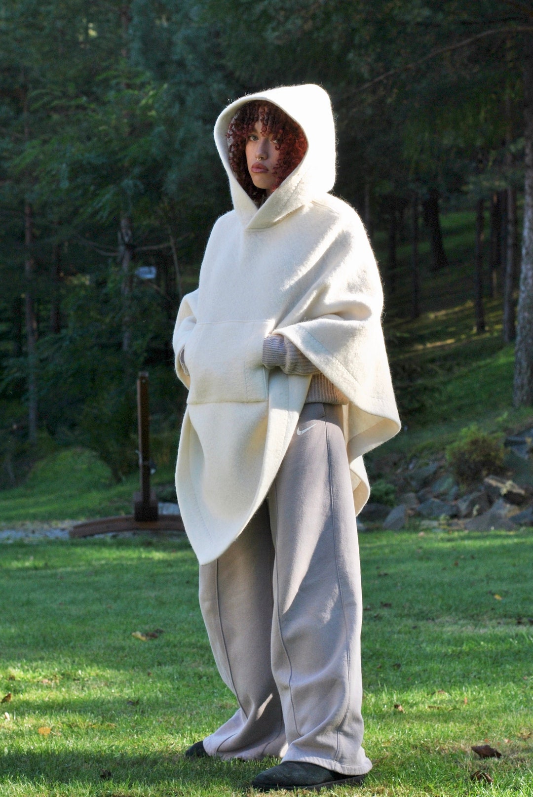 White Wool Poncho With Hood and Pocket, Boiled Wool Cape, Loose Fitting ...