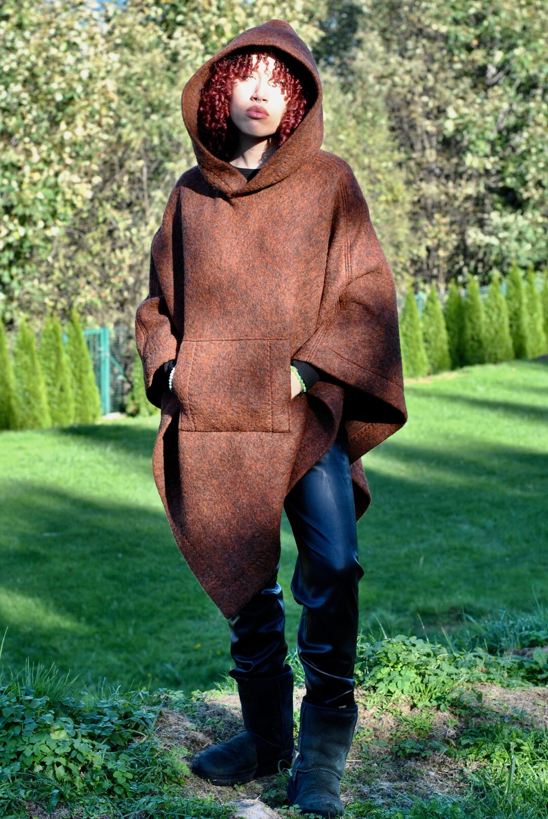 Tobacco Wool Poncho With Hood and Pocket, Boiled Wool Cape, Loose ...