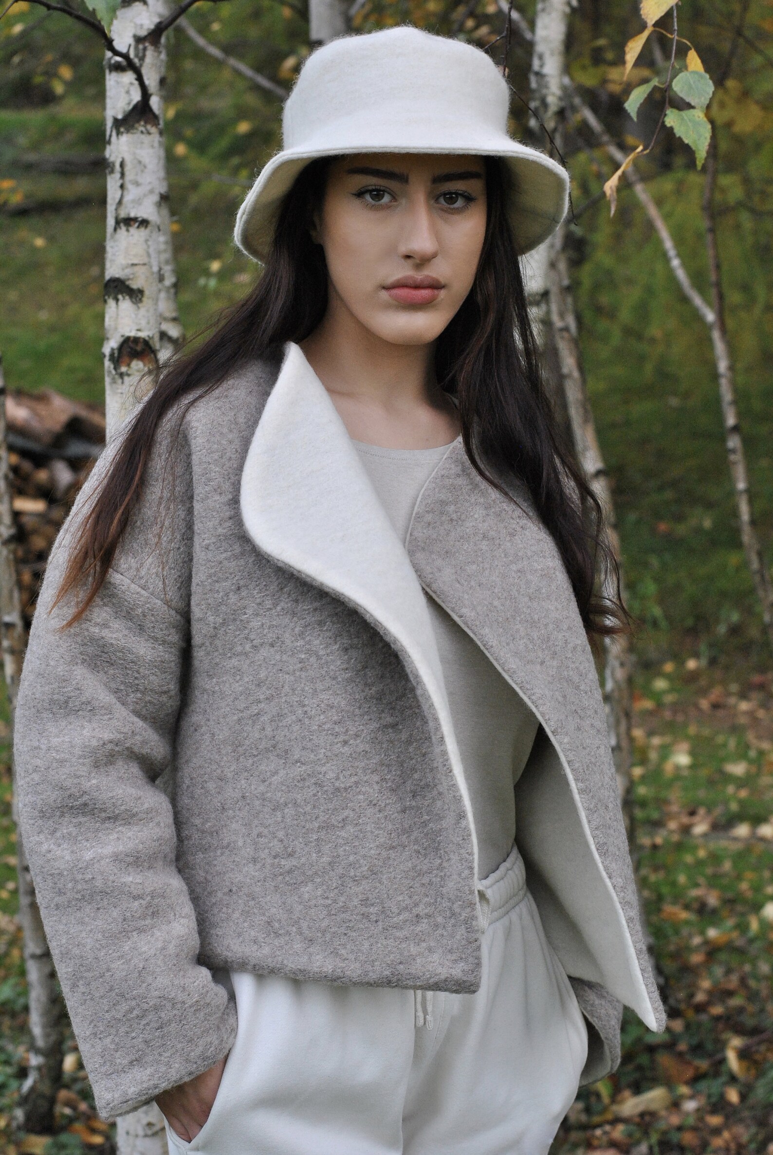 Reversible Wool Winter Jacket, White and Beige Double Sided Boiled Wool ...