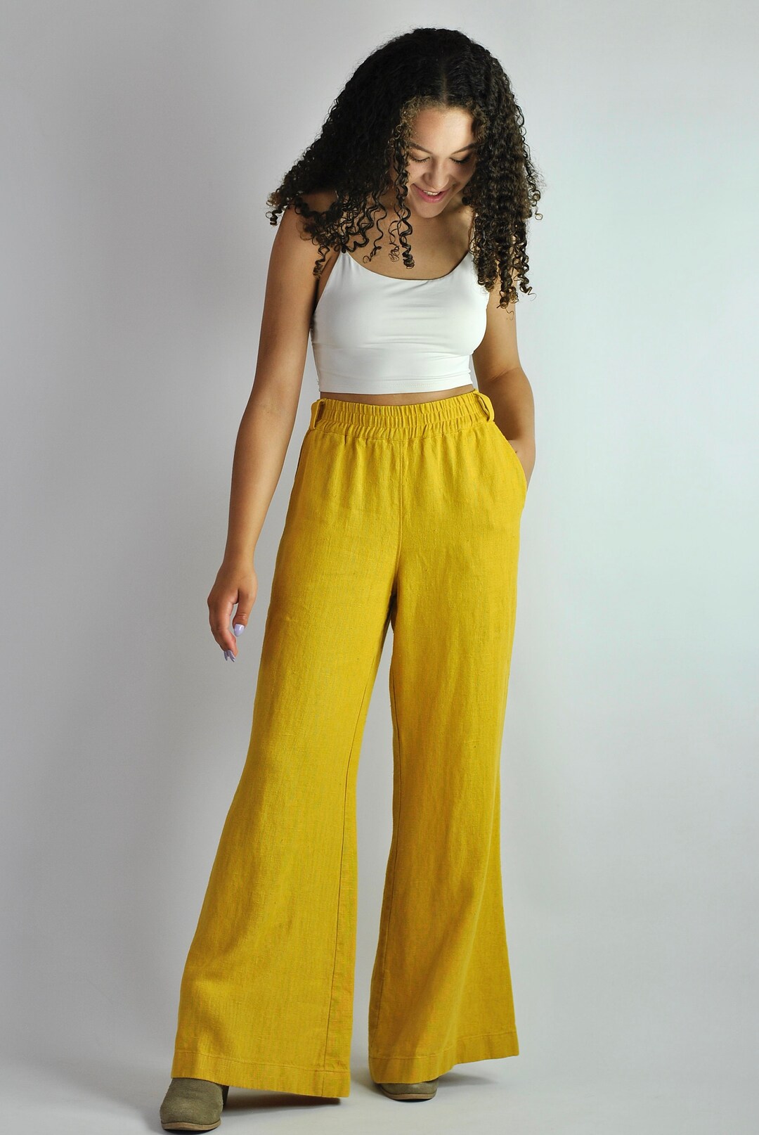 Pure Linen Wide Yellow Trousers, Summer Flares, Bellbottom Pants, Linen ...