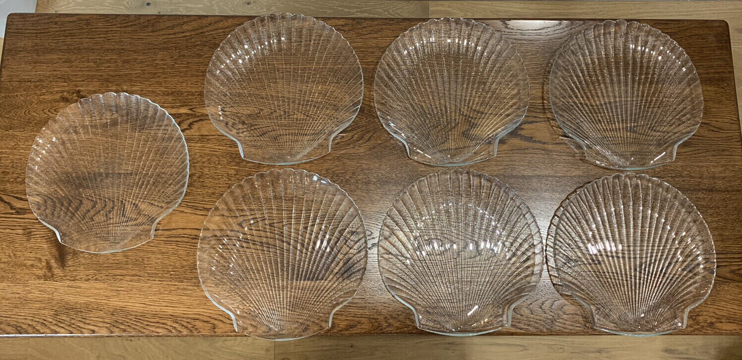 Set of 7 Clam Shell Coquillage Glass Dinner Plates France Clear 10.5" X ...