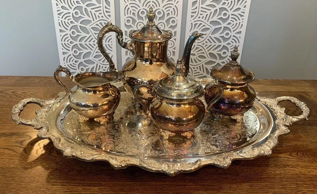 Antique Poole Silver Plate Old English Tea Pot Tray 7PC ART NOUVEAU ...