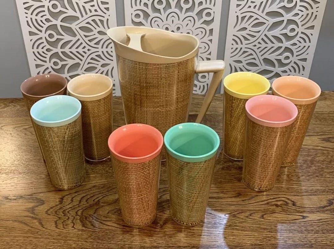 Vintage Set MCM Raffiaware Pitcher & 8 Tumblers - Etsy