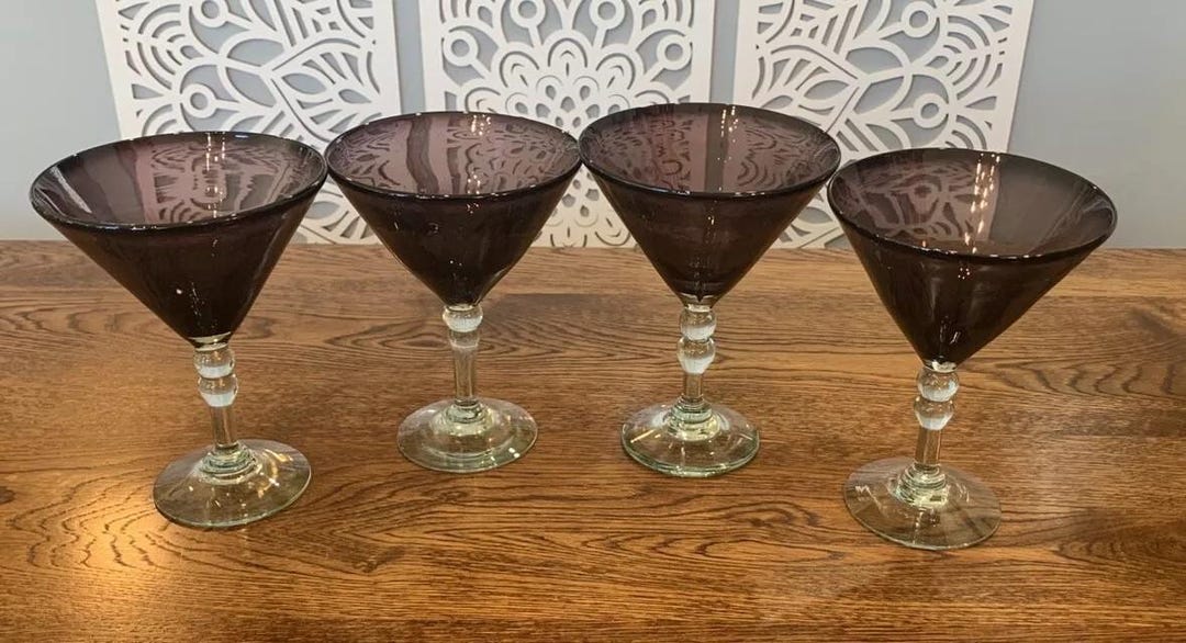 Mexican Glass Hand Blown Beautiful Plum Color Martini Glasses Set of 4 ...