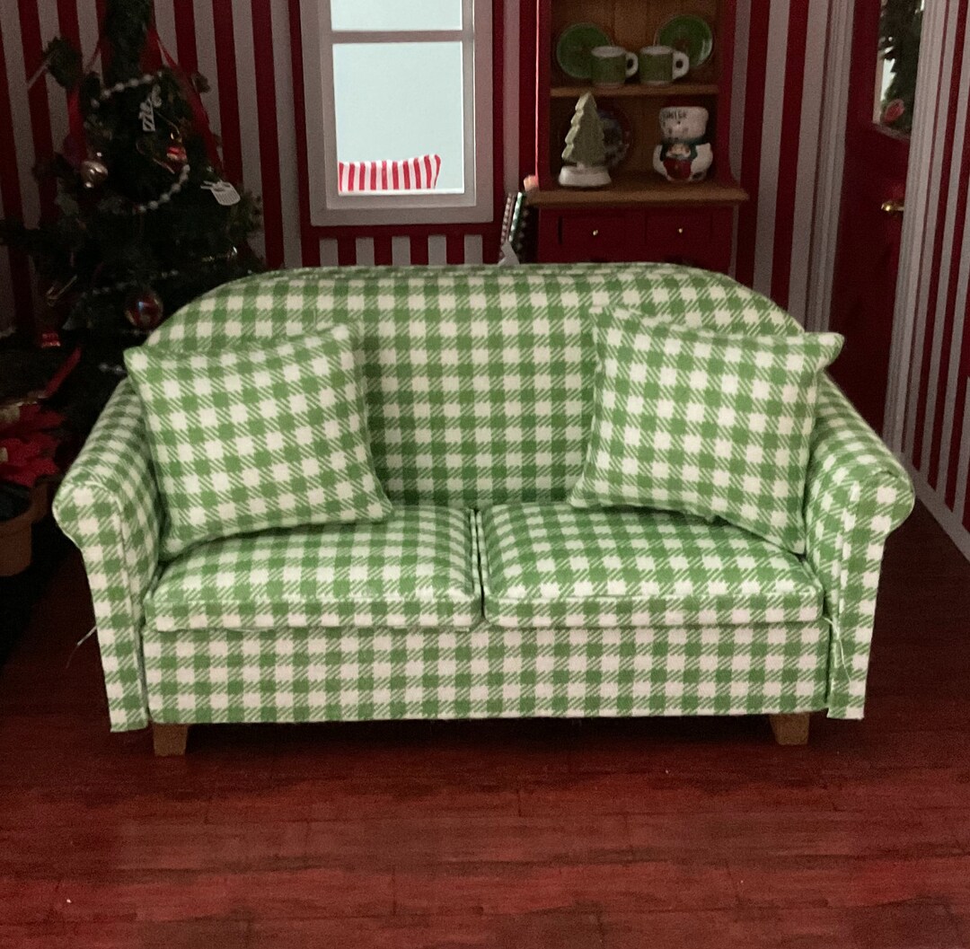 Dollhouse Miniature Green and White Check Sofa With Pillows, Living ...