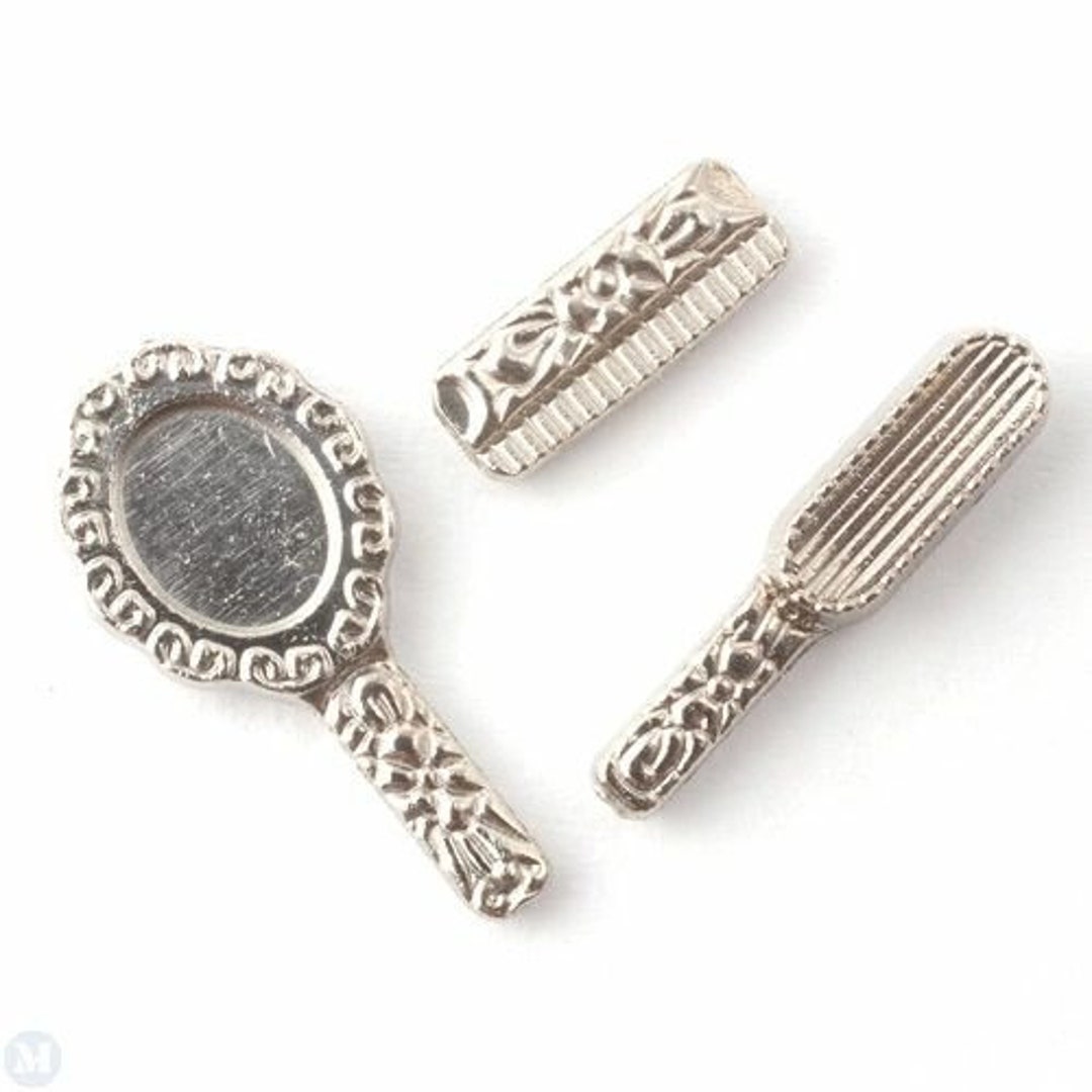 Dollhouse Miniature Silver Brush Comb and Mirror Set 1:12 Scale - Etsy