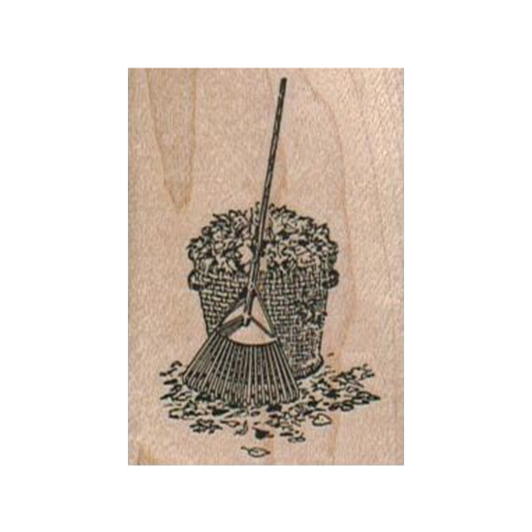 Rake and Basket of Leaves RUBBER STAMP, Leaf Stamp, Nature Stamp ...