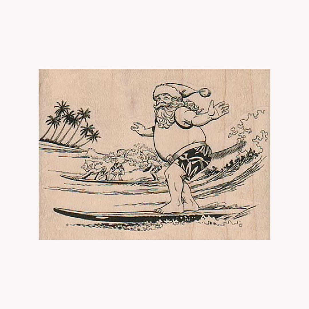Surfing Santa RUBBER STAMP, Santa Claus Stamp, Tropical Santa Stamp ...