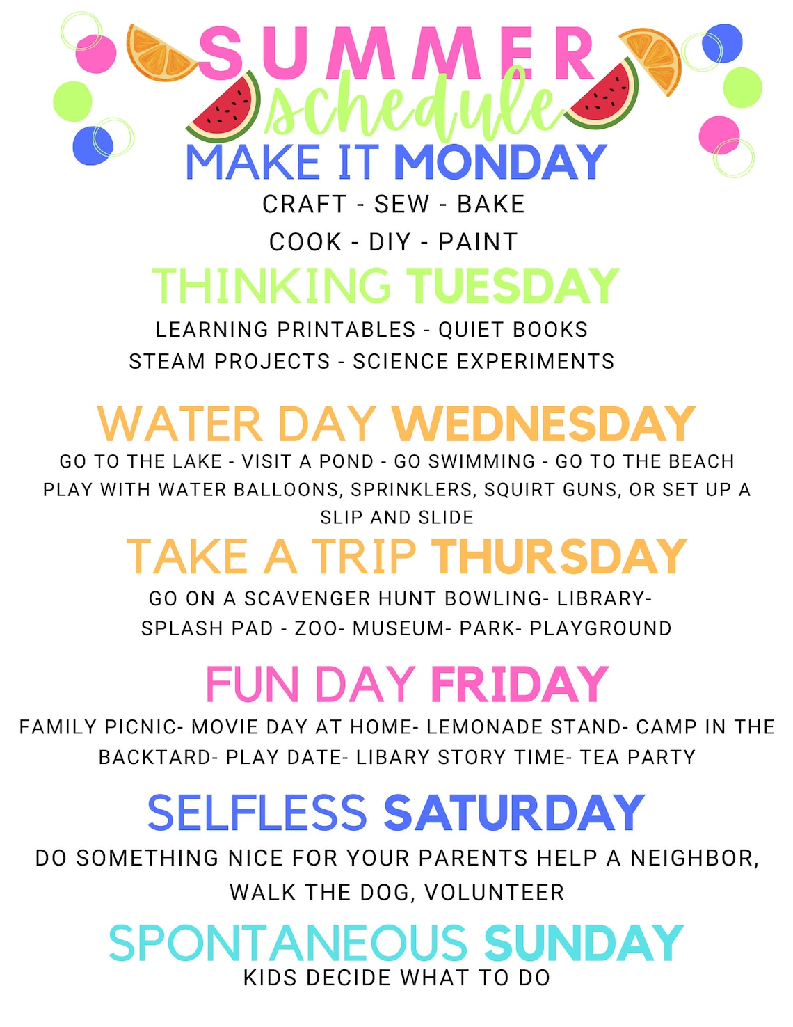 Summer Schedule Activities by Day - Etsy