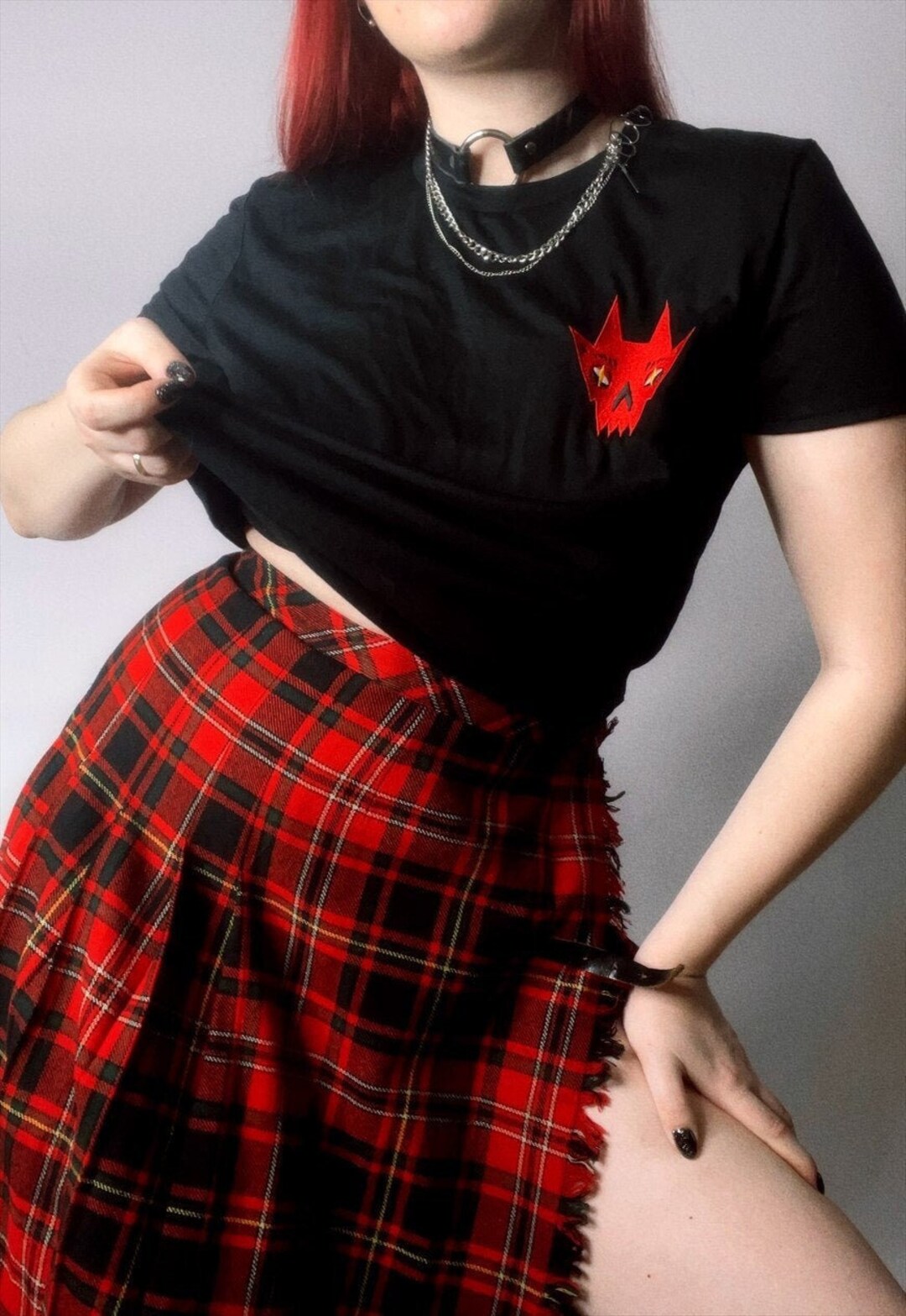 AKUMA Embroidered Crop Tee, Harajuku Crop Top, Embroidery Crop Top ...