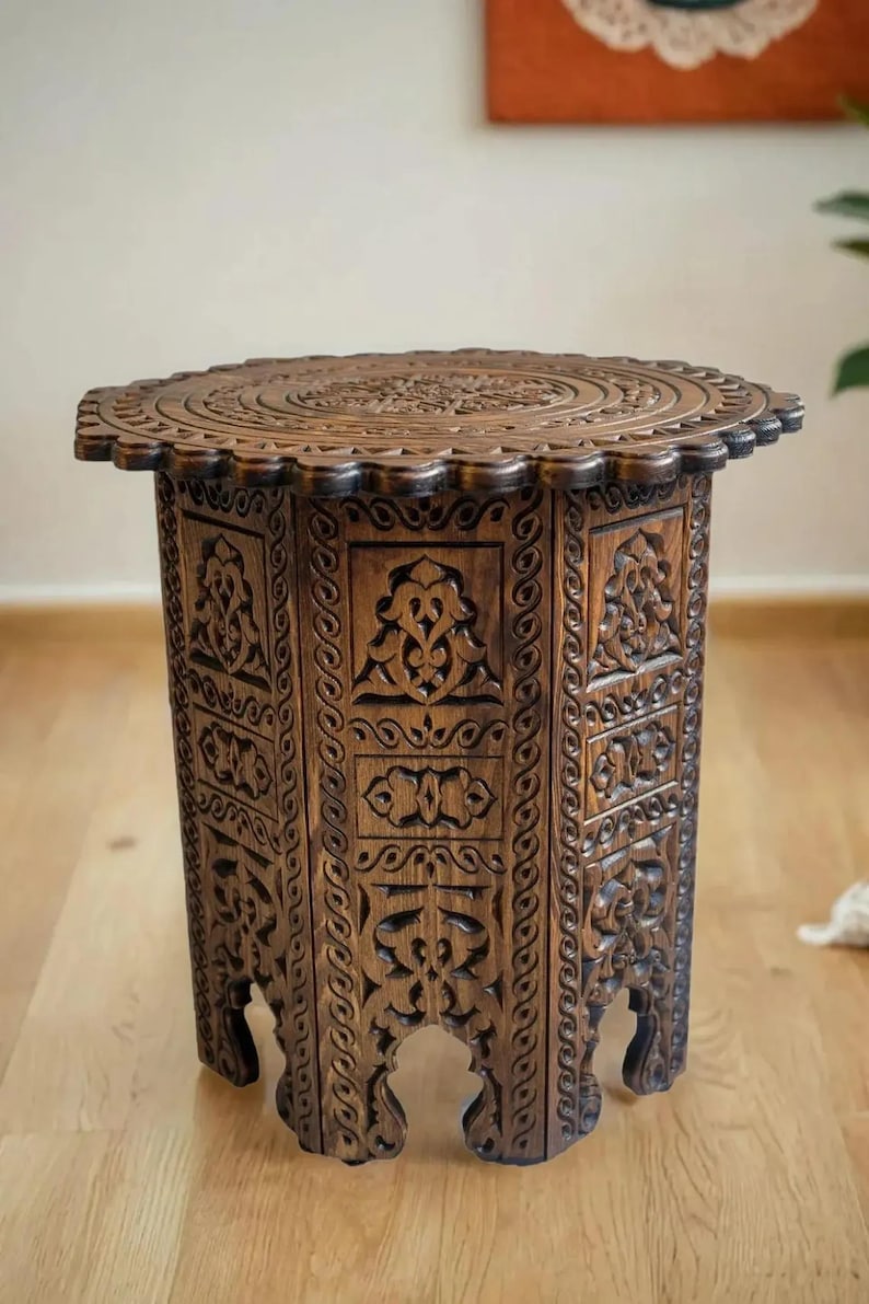 Hand Carved Folding Coffee Table – Round Wooden Side Table–traditional ...
