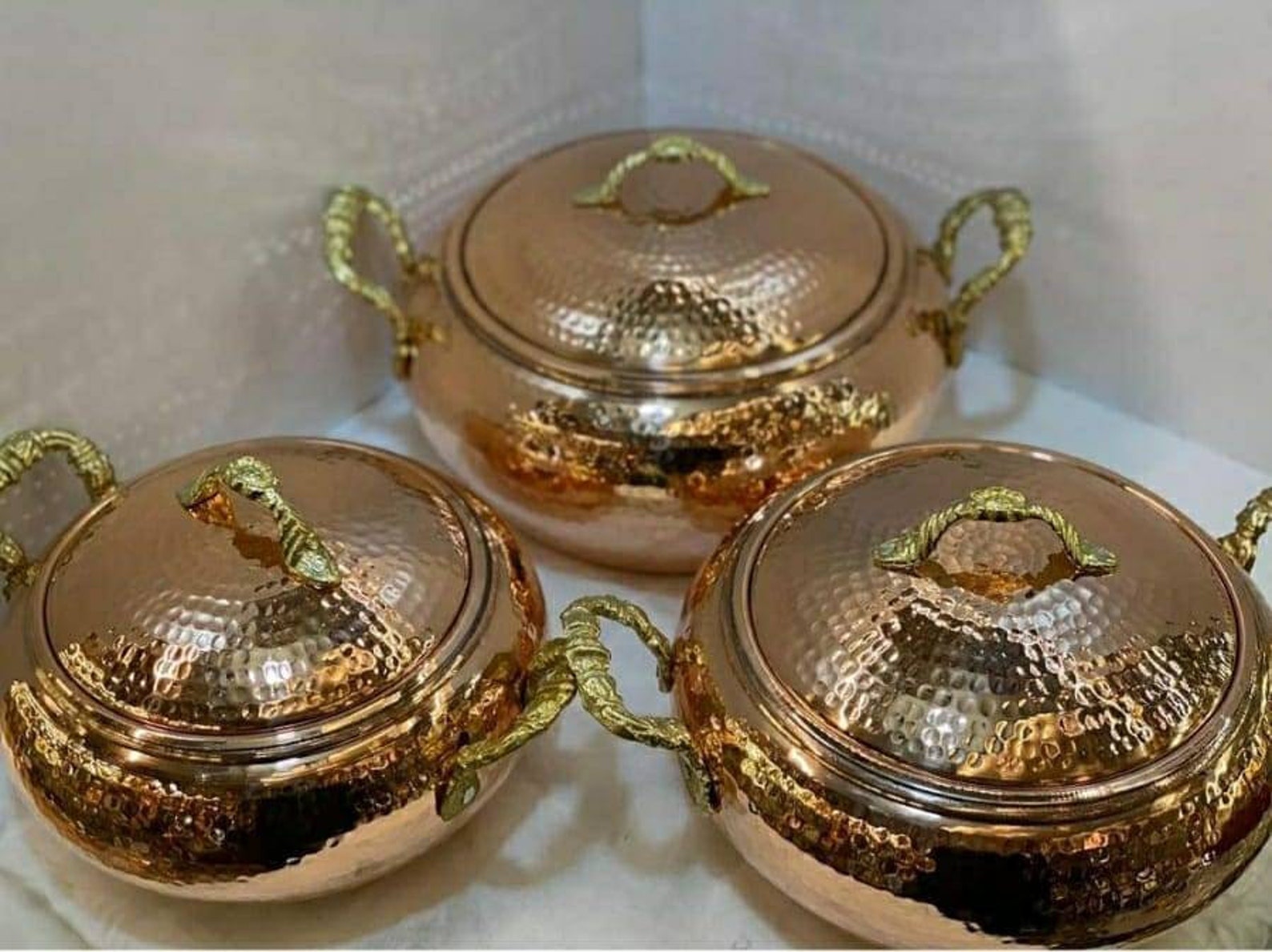 Handmade Copper Cookware Set, 3-piece Tin Lined Pots, Brass Handles ...