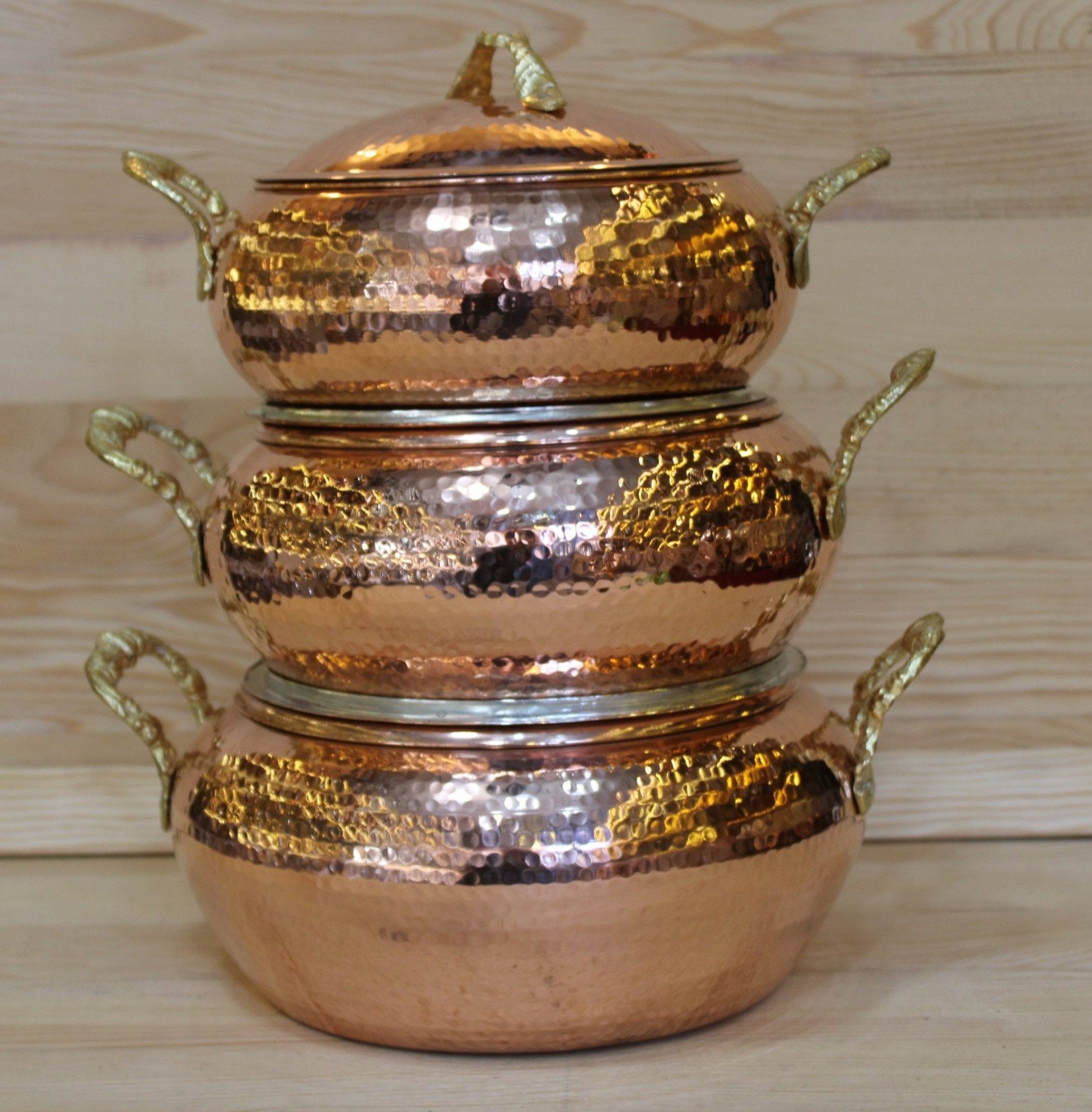 Handmade Copper Cookware Set, 3-piece Tin Lined Pots, Brass Handles ...