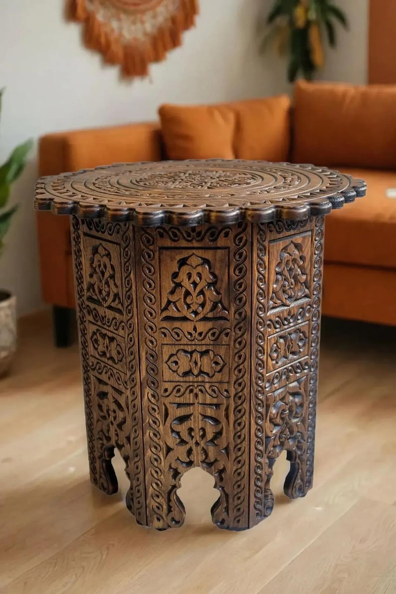 Hand Carved Folding Coffee Table – Round Wooden Side Table–traditional ...