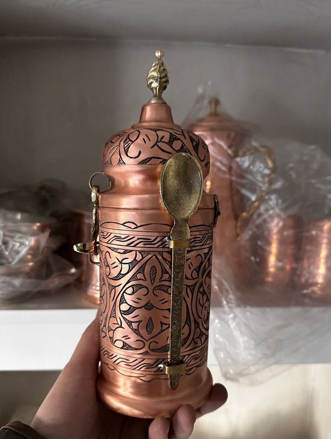 Copper Coffee Pot, Copper Jar With Spoon, Embroidered Copper Jar With ...