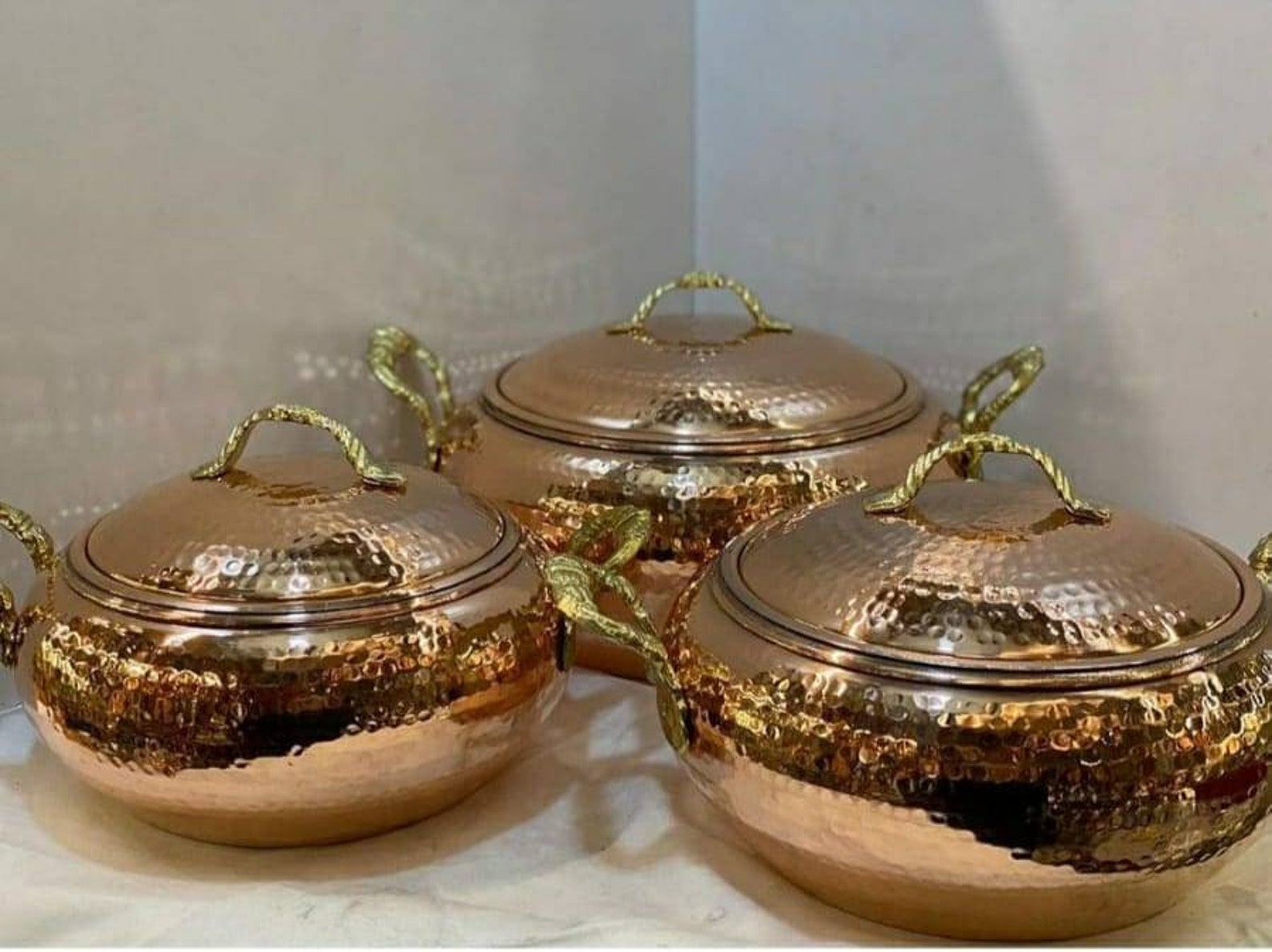 Handmade Copper Cookware Set, 3-piece Tin Lined Pots, Brass Handles ...