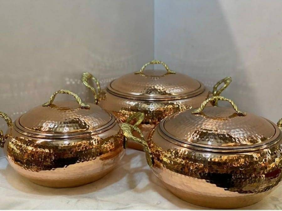 Handmade Copper Cookware Set, 3-piece Tin Lined Pots, Brass Handles ...