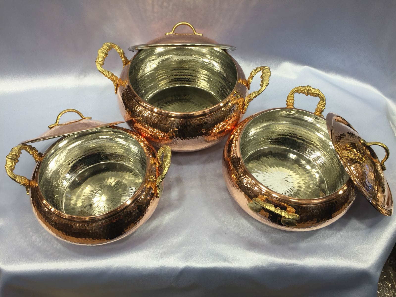 Handmade Copper Cookware Set, 3-piece Tin Lined Pots, Brass Handles ...