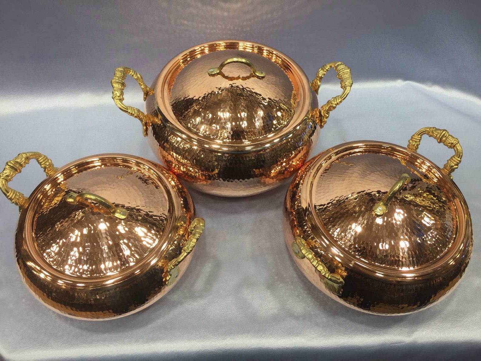 Handmade Copper Cookware Set, 3-piece Tin Lined Pots, Brass Handles ...