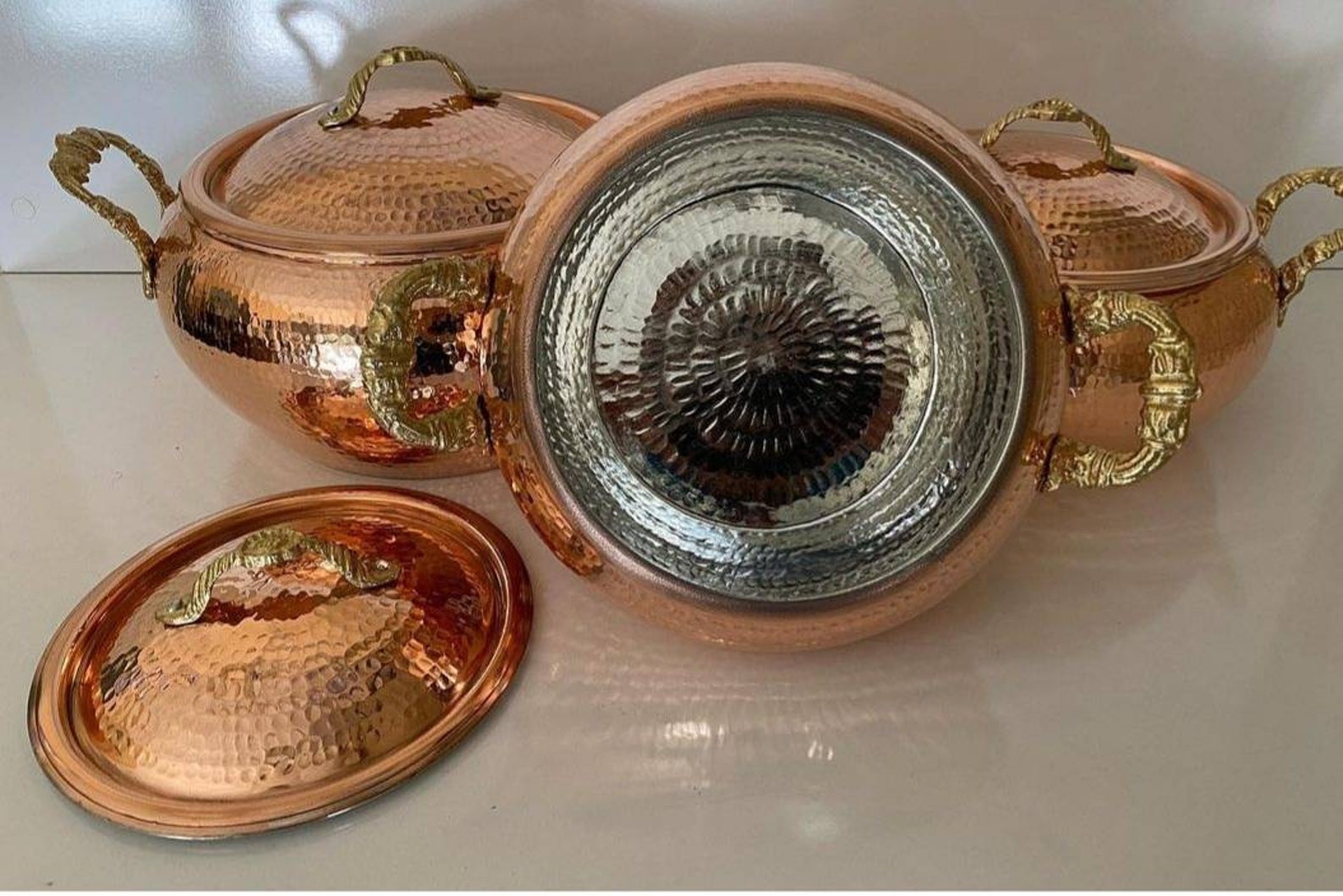 Handmade Copper Cookware Set, 3-piece Tin Lined Pots, Brass Handles ...
