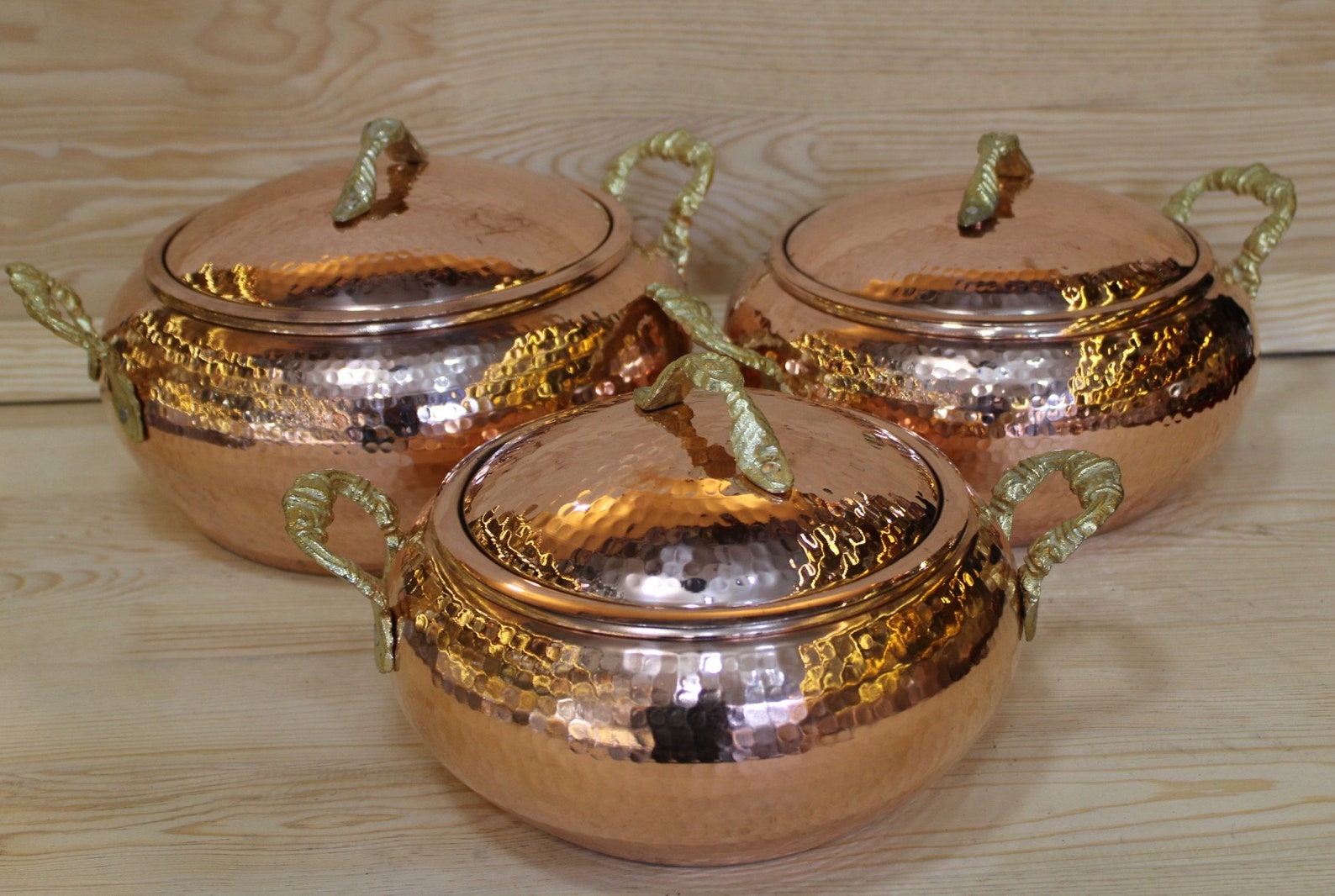 Handmade Copper Cookware Set, 3-piece Tin Lined Pots, Brass Handles ...