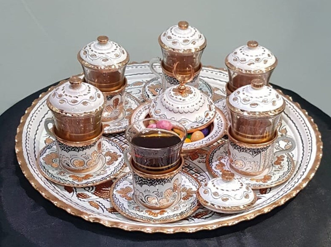 Turkish Copper Handmade Pure Copper Tea Set, White Embroidered Cup Set ...