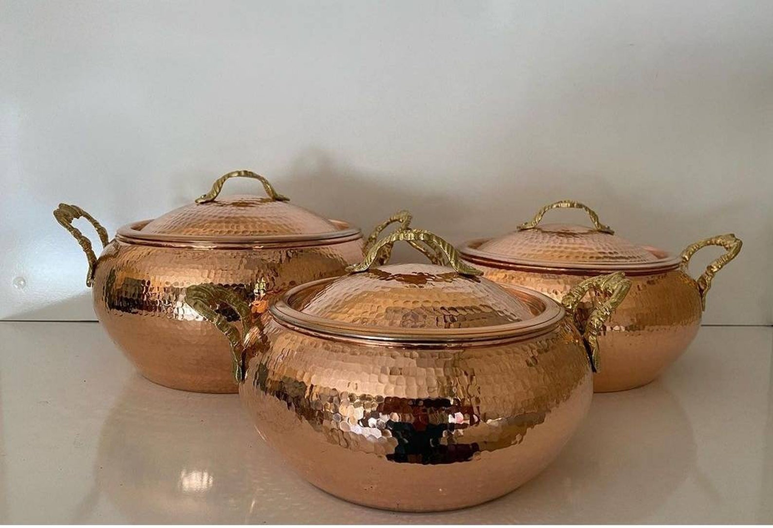 Handmade Copper Cookware Set, 3-piece Tin Lined Pots, Brass Handles ...