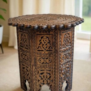 Hand Carved Folding Coffee Table – Round Wooden Side Table–traditional ...
