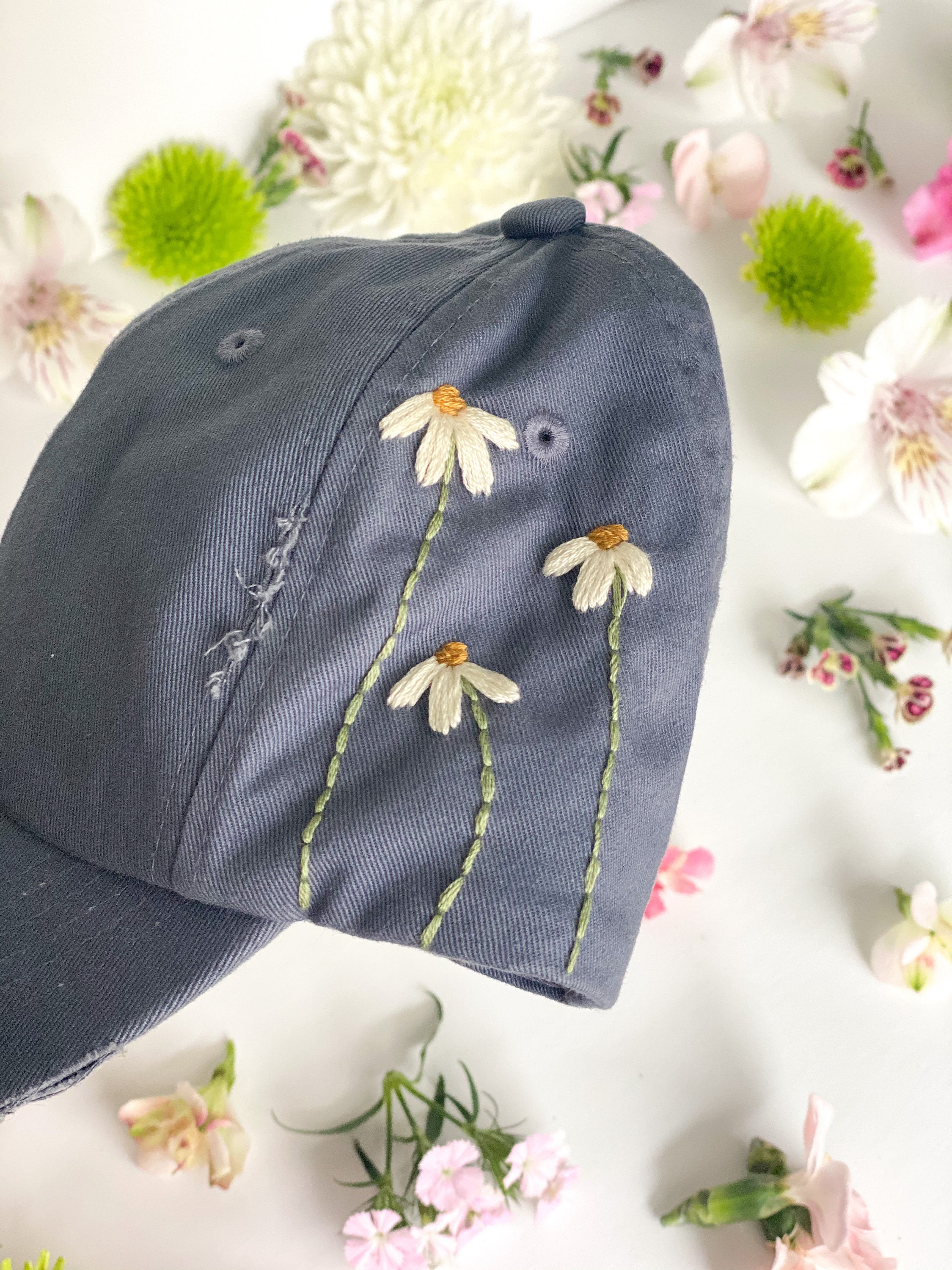 Embroidered Daisy Hat in Slate Blue | Etsy