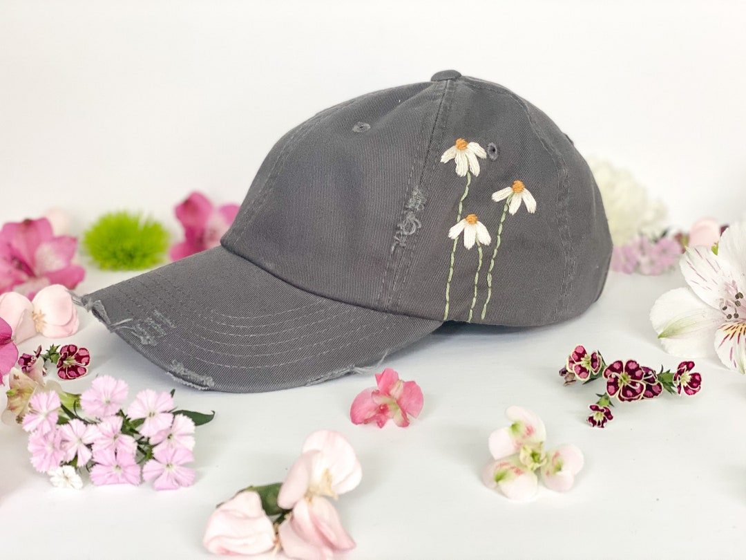 Embroidered Daisy Hat in Dark Grey - Etsy