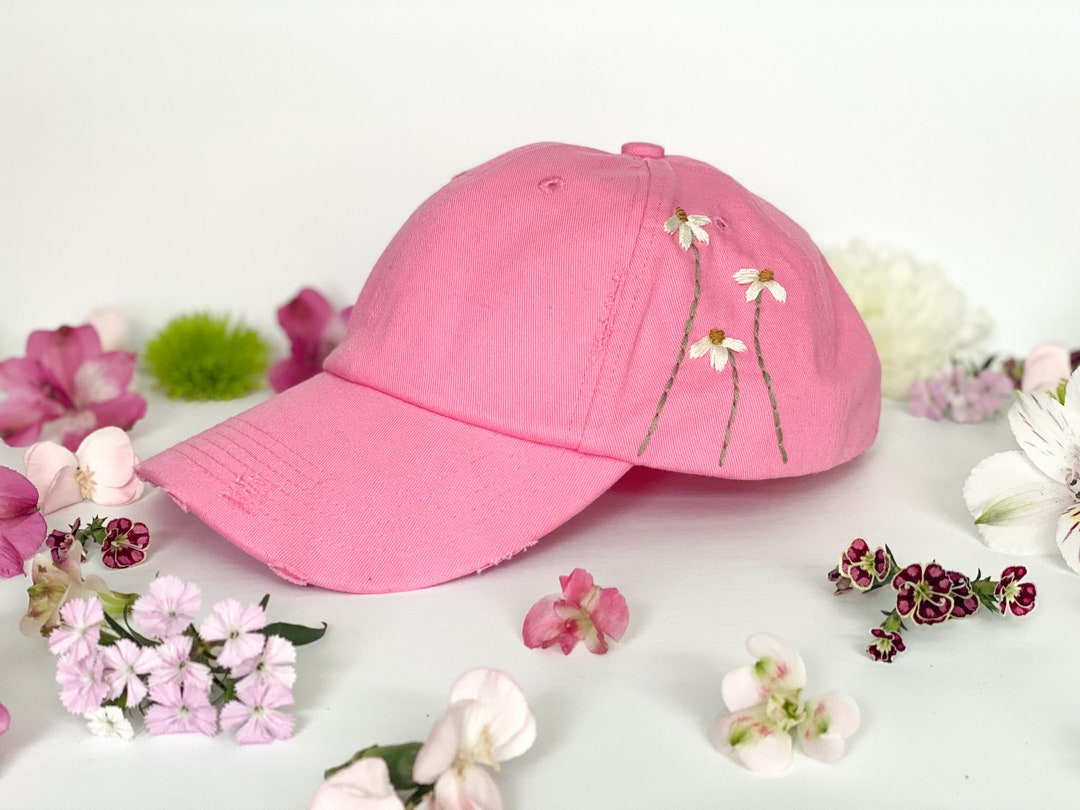 Embroidered Daisy Hat in Pink - Etsy