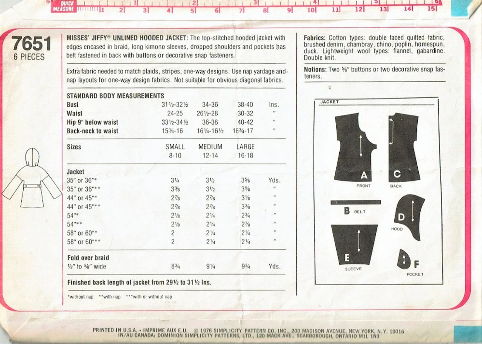 Vintage Simplicity Jiffy 7651 Misses Unlined Hooded Jacket W / Kimono ...