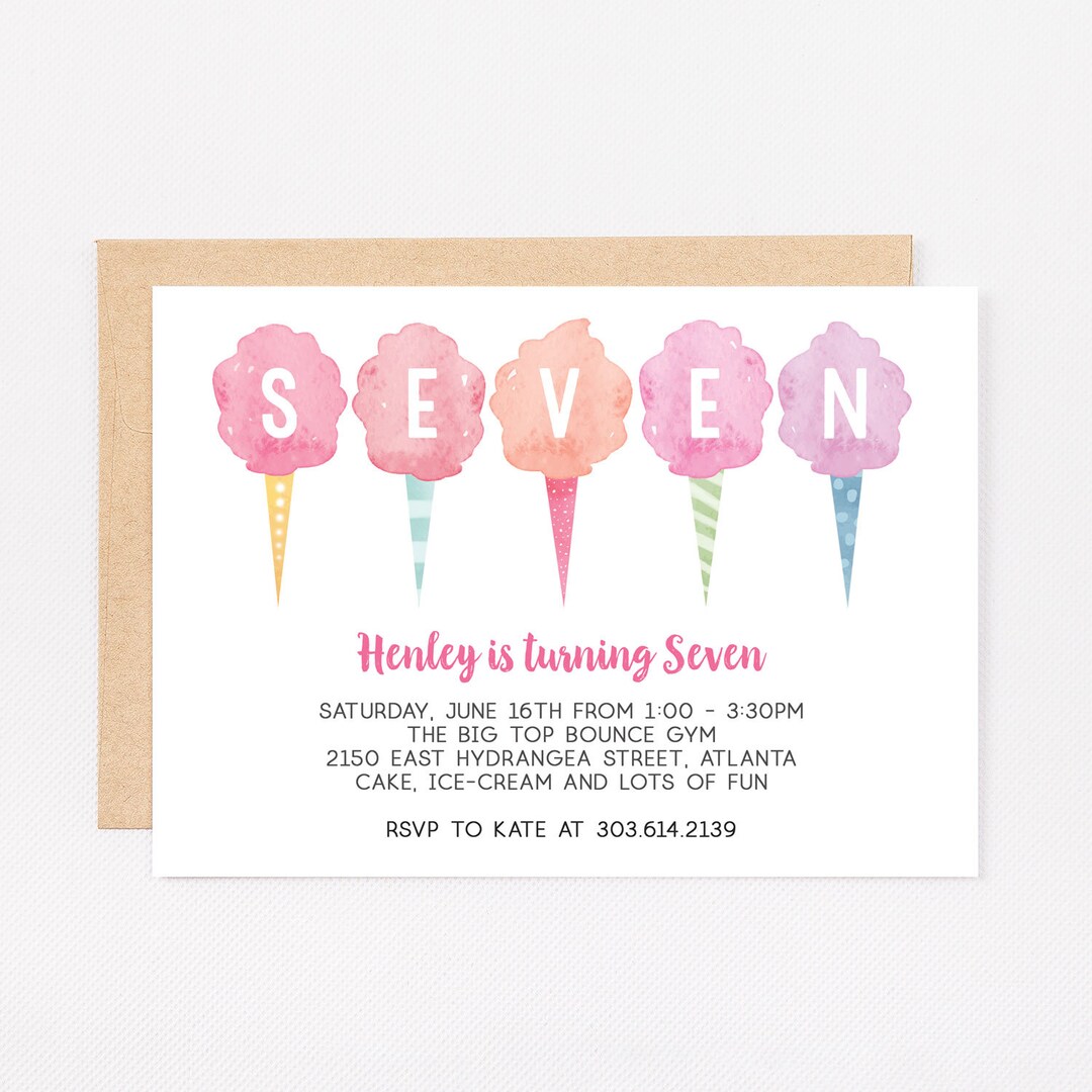 Cotton Candy Seventh Birthday Invitation Seven Personalized Girl ...