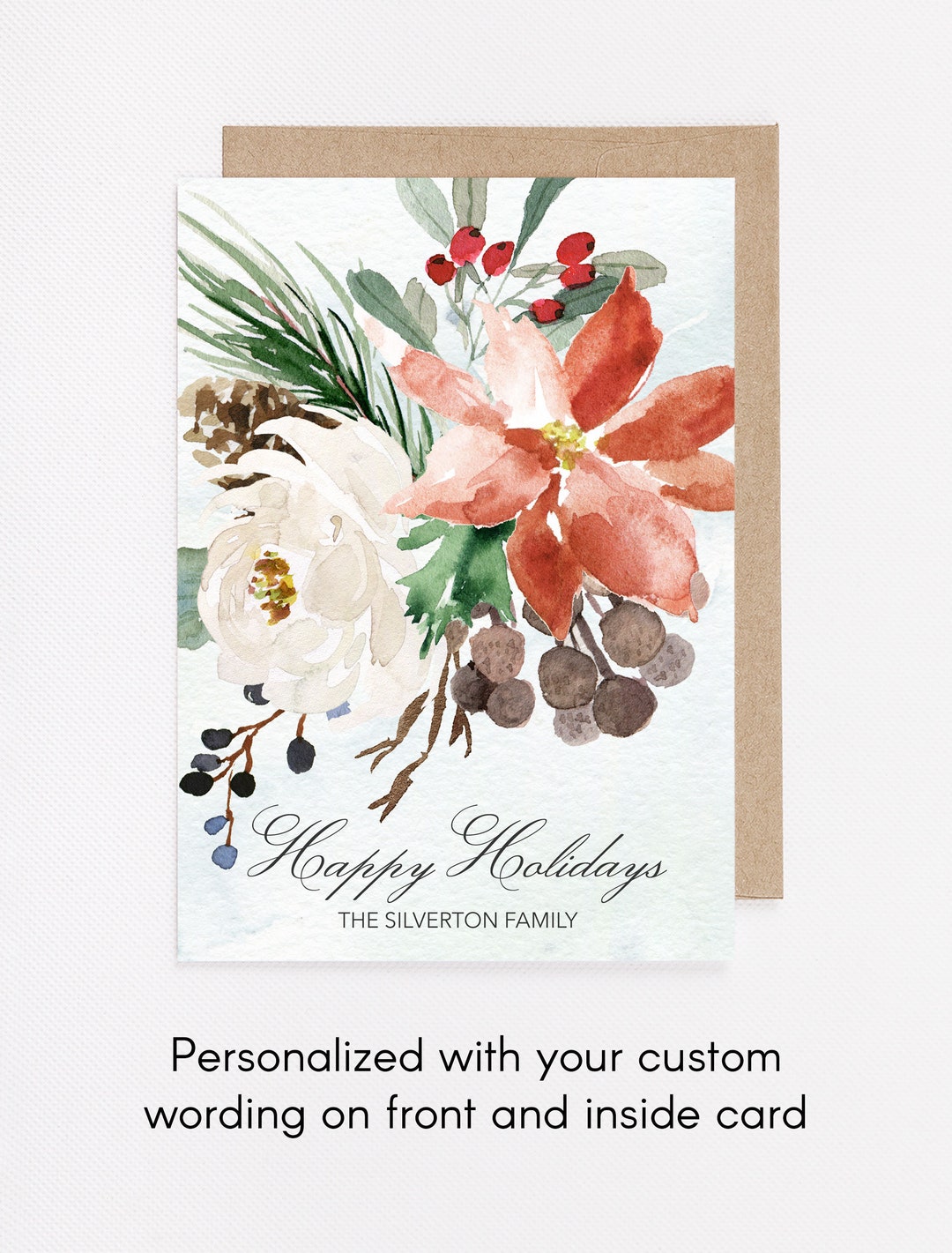 Winter Watercolor Christmas Card, Personalized Christmas Card With ...