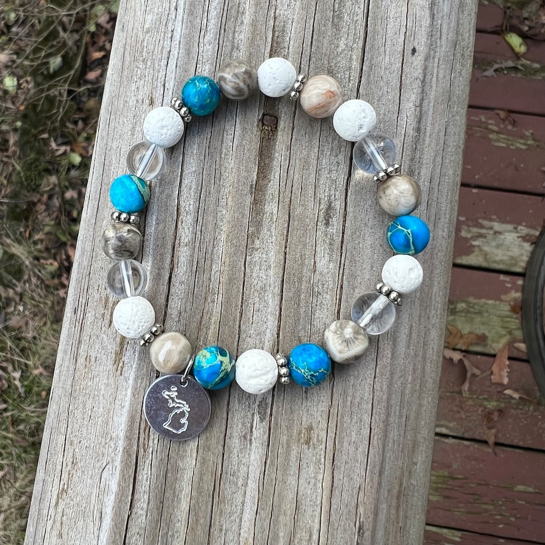 Lake Michigan Inspired Beaded Petoskey Stone Bracelet - Etsy