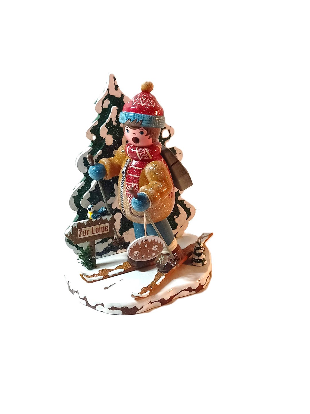 Erzgebirge Smoker Skier, Handmade Winter Decoration Wood Art Folk Art ...
