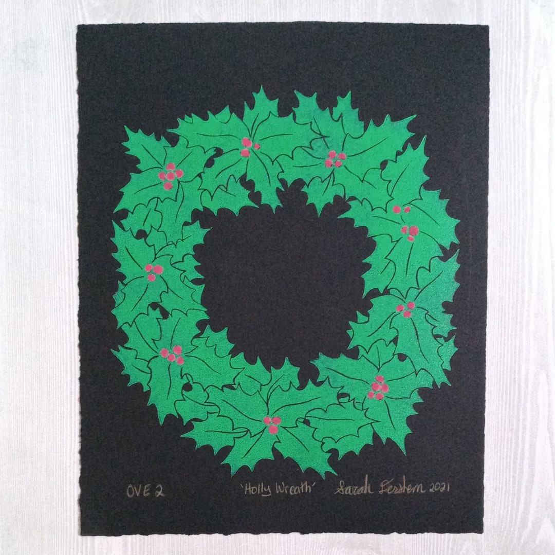 Holly Wreath Linocut Art Print | 8x10 Original Open Edition Print ...