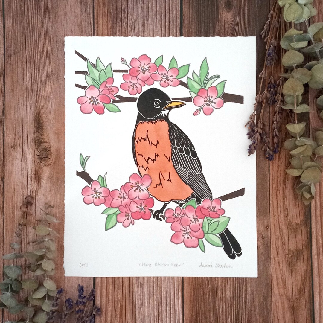 Cherry Blossom Robin Linocut Print | MICHIGAN COLLECTION 8x10 Original ...