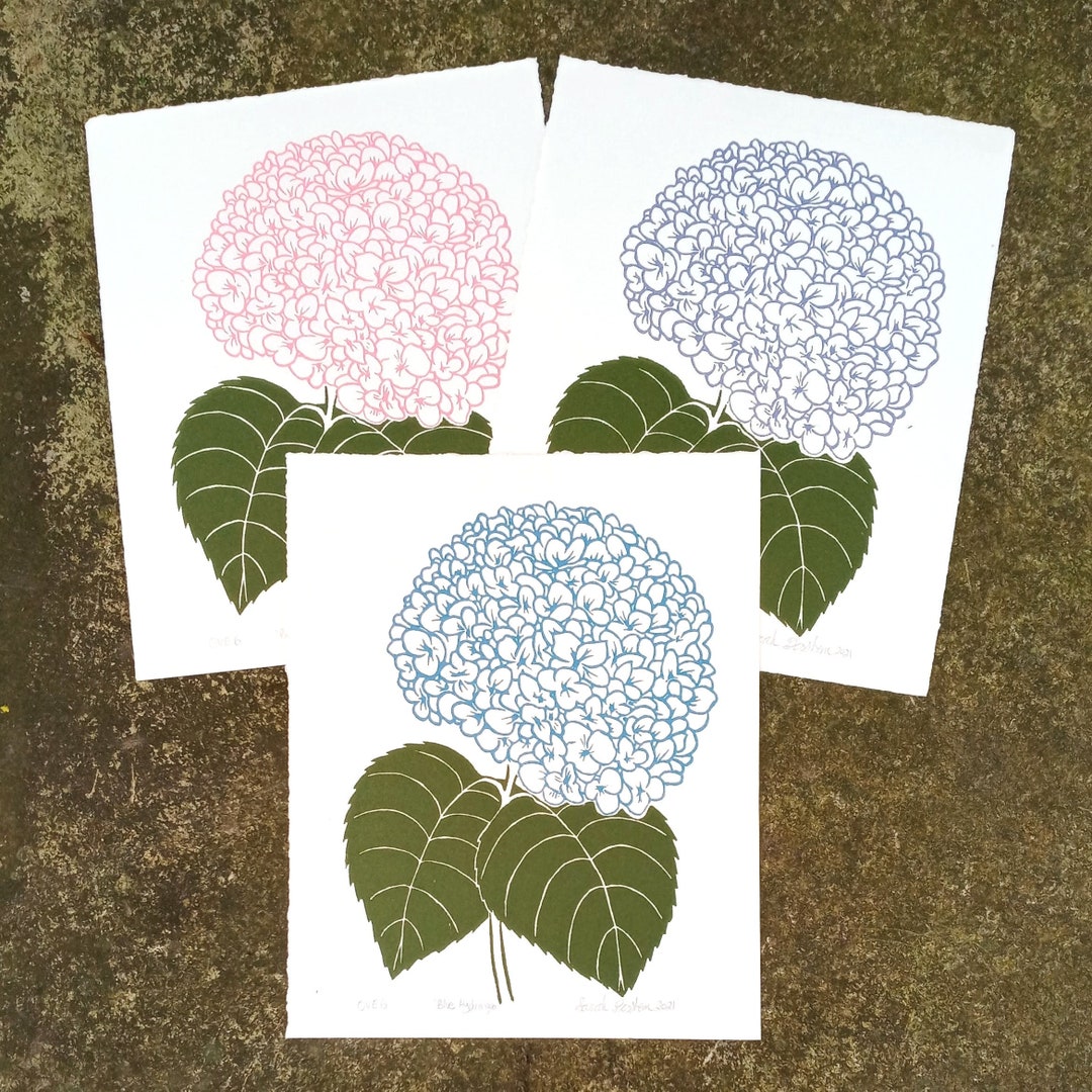 Colorful Hydrangea Flower Linocut Print | 8x10 Original Open Edition ...