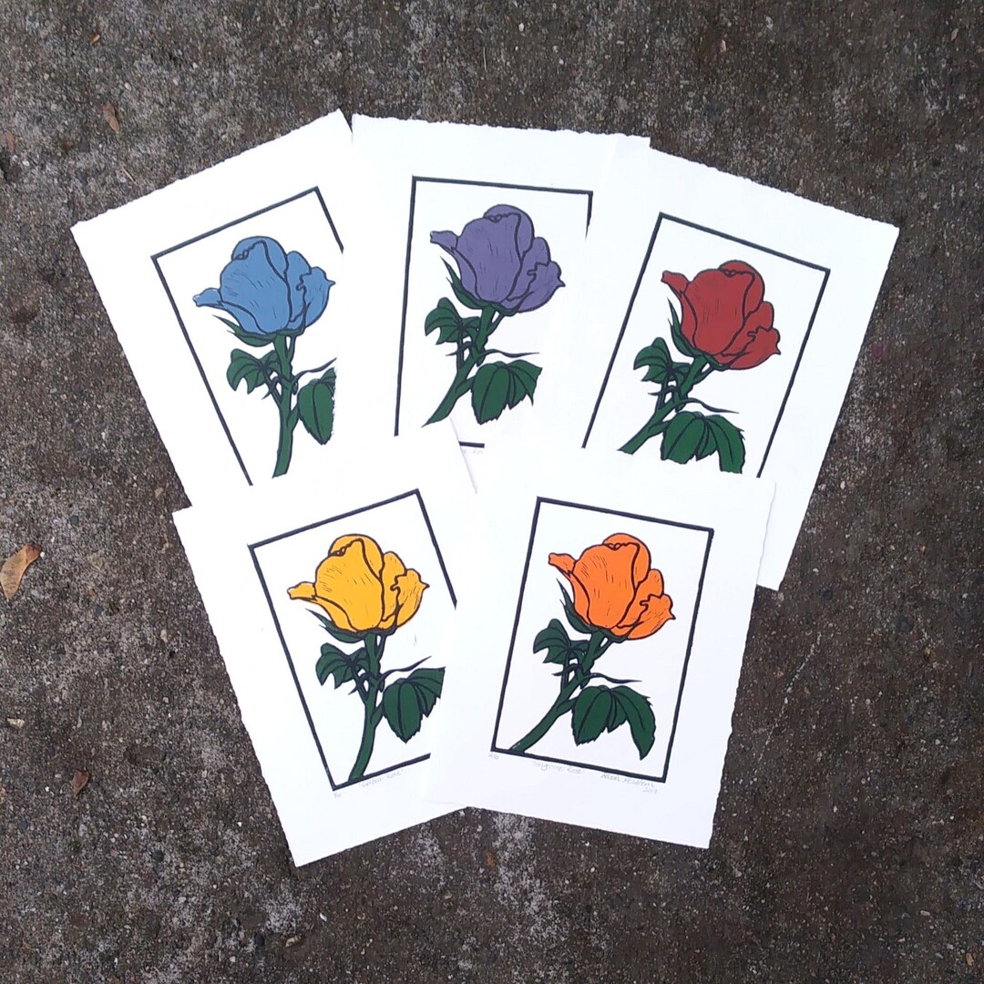 Bunte Rose Linoldruck | 5x7 Original Limitierte Auflage Druck ...
