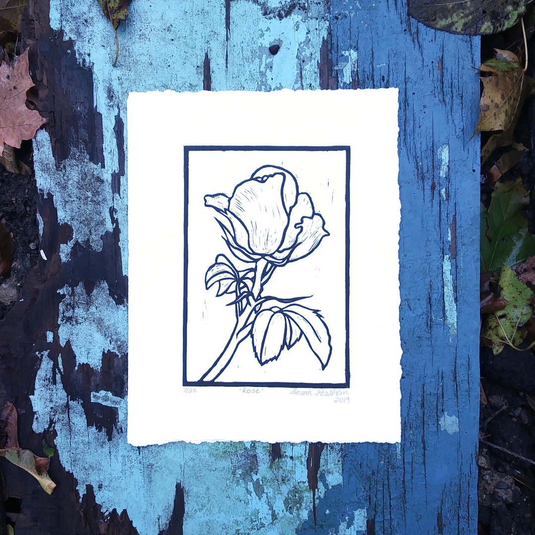 Rose Linoldruck | 5x7 Original Limitierter Druck | Botanische Linie ...