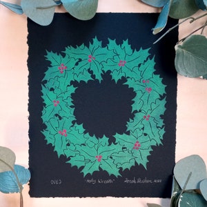 Holly Wreath Linocut Art Print | 8x10 Original Open Edition Print ...