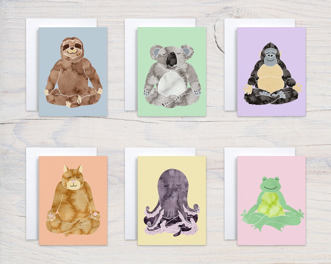 Cute Yoga Animal Note Cards Set of 6 Meditating Animals - Etsy