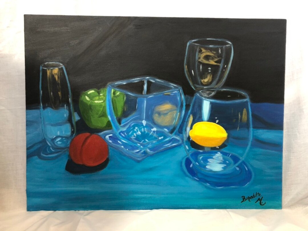 Still Life Oil Painting, Glass, Reflective, Vegetables, Fruit, Original ...
