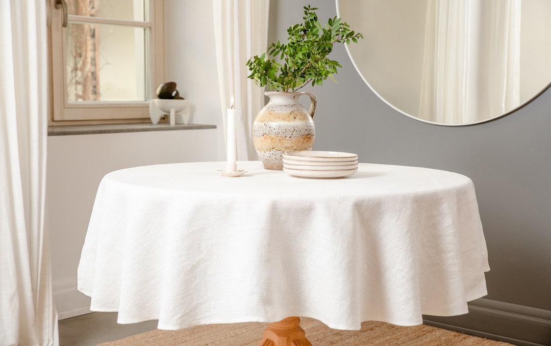 Round Linen Tablecloth: White Stonewashed, Custom Size Table Linens ...