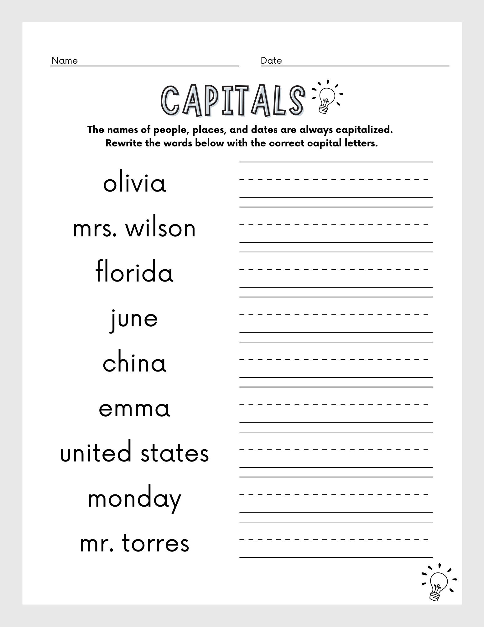 Capitalization Worksheets | Printable Capital Letter Activity | English ...